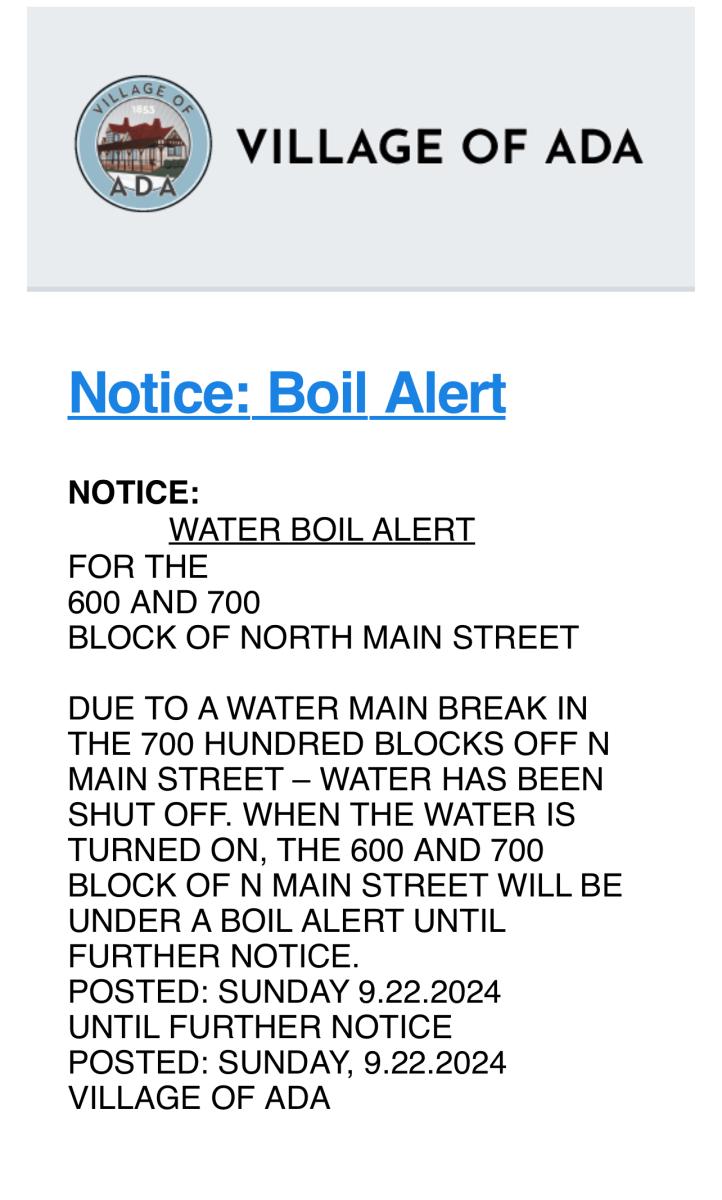 Sept. 22 Village of Ada boil water alert | Ada Icon