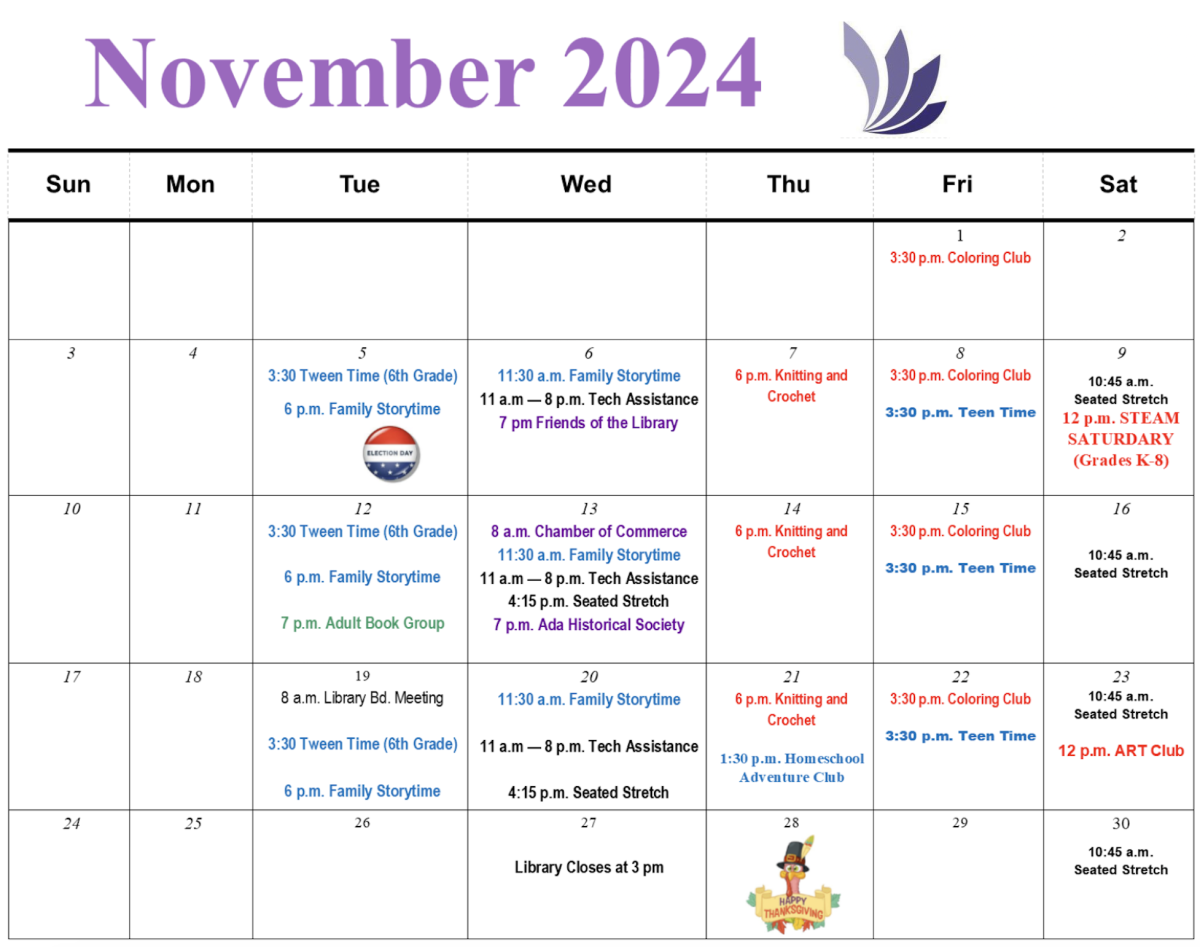 November 2024 Ada Public Library calendar | Ada Icon
