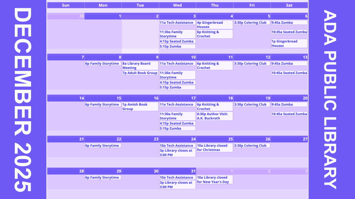 December 2025 calendar for Ada Public Library | Ada Icon