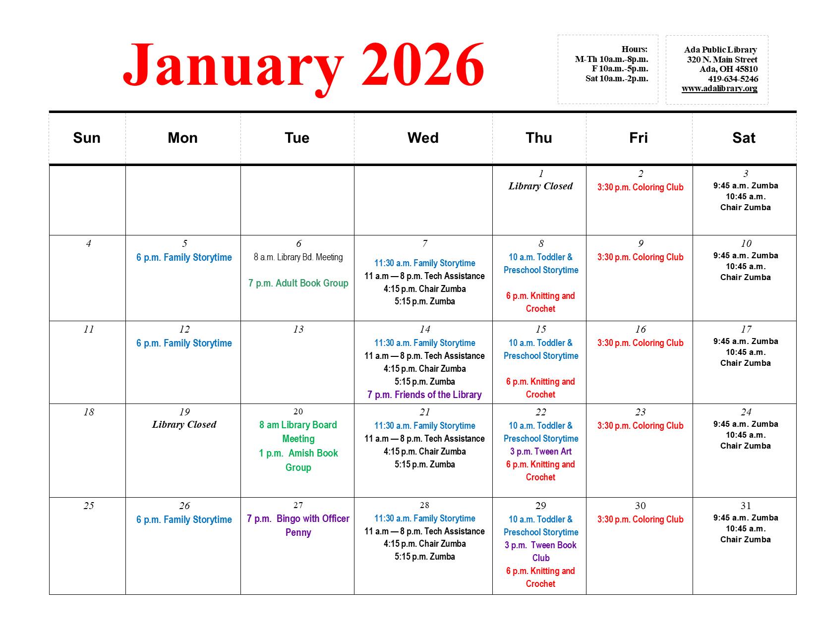 Check out January 2025 Ada Public Library calendar | Ada Icon